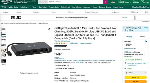 CalDigit Thunderbolt 3 Mini Dock - computers - by owner - electronics ...
