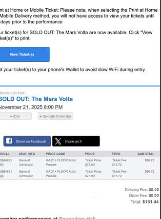 Two tickets for Mars Volta on 11/21 - tickets - by owner - event sale ...