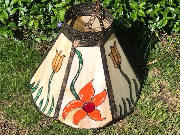 Vintage Slag Stained Glass Light Fixture Hanging Ceiling Flowers Arts ...
